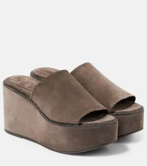 Brunello Cucinelli Monili Suede Wedge Mules