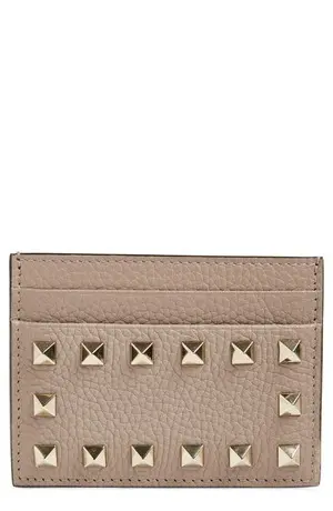 Valentino Garavani Rockstud Leather Card Holder - Poudre