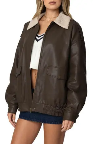 EDIKTED Oversize Faux Leather Jacket With Faux Shearling Collar