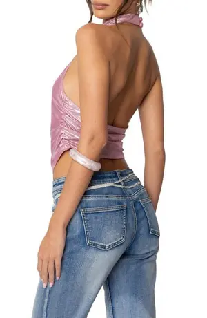EDIKTED Metallic Cowl Neck Halter Top