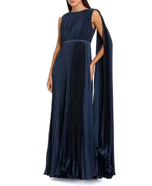 Mac Duggal Mac Duggal Sleeveless High Neck Cape Back Pleated Gown Midnight