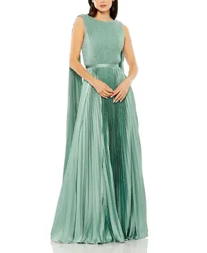 Mac Duggal Sleeveless High Neck Cape Back Pleated Gown - Sage