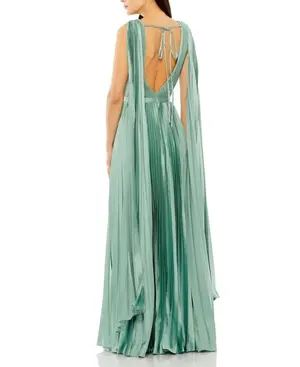 Mac Duggal Sleeveless High Neck Cape Back Pleated Gown - Sage