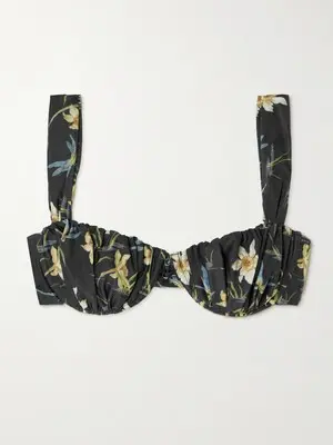 Faithfull The Brand Emily Floral-print Gathered Bikini Top - Black
