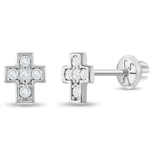 IN SEASON JEWELRY 14k White Gold Cubic Zirconia Cross Stud Earrings - Silver