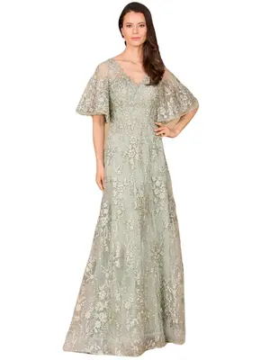 LARA NEW YORK V-neck Embellished A-line Gown With Cape Sleeves