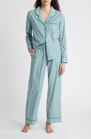 Nordstrom Classic Cotton Pajamas Green Storm Even Stripe