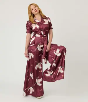 Unique Vintage 1940s Flare Leg Jumpsuit - Burgundy Crane Print