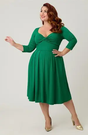 Unique Vintage 1950s Front Twist Swing Dress - Solid Green