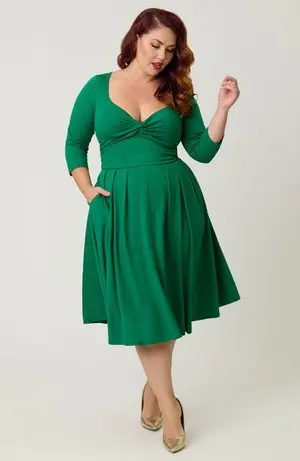 Unique Vintage 1950s Front Twist Swing Dress - Solid Green