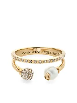 JIMMY CHOO Double Ring With Crystal Embellishment And Pearl Detail - Gold