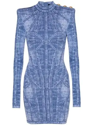 Balmain Knitted Jacquard Mini Dress - Blue