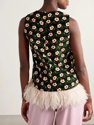 La DoubleJ La Scala Asymmetric Feather-trimmed Floral-print Top - Green