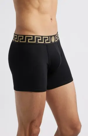 Versace 2-pack Greca Border Stretch Cotton Boxer Briefs - Black Gold Greek Key