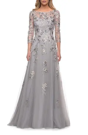 La Femme Tulle And Lace Gown - Silver