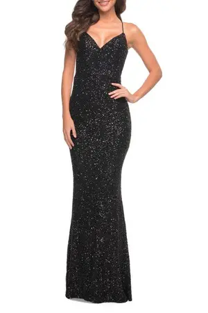 La Femme Sequin Gown With V-neckline - Black