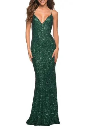 La Femme Sequin Gown With V-neckline - Emerald