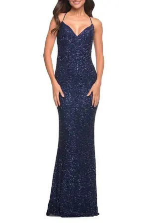 La Femme Sequin Gown With V-neckline - Navy