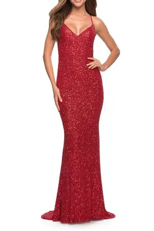 La Femme Sequin Gown With V-neckline - Red