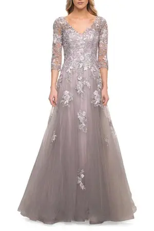La Femme A-line Tulle Gown With Lace Applique And V-neck - Silver/pink