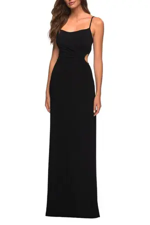 La Femme Jersey Prom Dress With Cut Out And Slit - Black