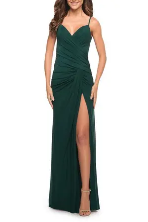La Femme Net Jersey Ruched Gown With Slit And Open Back - Emerald