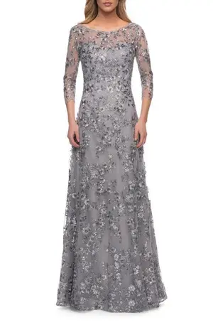 La Femme Lace Gown With Sleeves - Silver