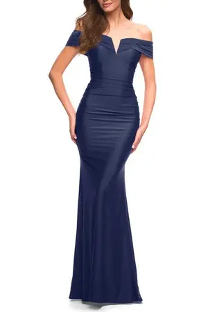 La Femme Ruched Off-the-shoulder Gown - Navy