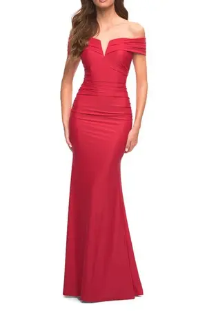 La Femme Ruched Off-the-shoulder Gown - Red