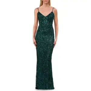 La Femme Print Sequin Gown With V Neckline - Dark Emerald