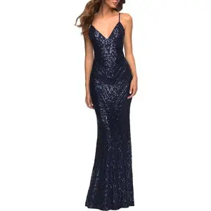 La Femme Print Sequin Gown With V Neckline - Navy