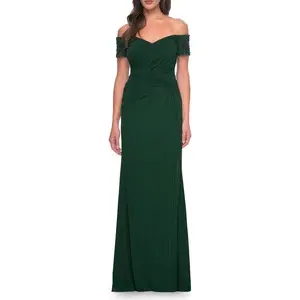 La Femme Net Jersey Beaded Gown - Emerald