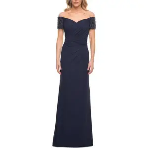 La Femme Net Jersey Beaded Gown - Navy