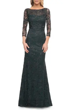 La Femme Fitted Lace Gown With Sleeves - Dark Emerald