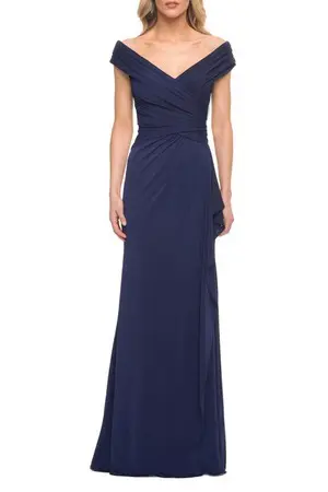 La Femme Long Jersey Off-the-shoulder Gown - Navy