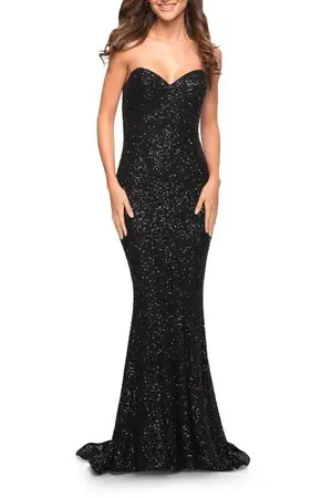 La Femme Strapless Sequin Gown - Black