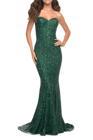 La Femme Strapless Sequin Gown - Emerald