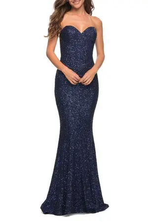 La Femme Strapless Sequin Gown - Navy