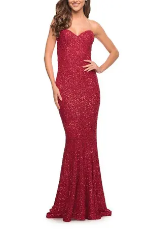 La Femme Strapless Sequin Gown - Red