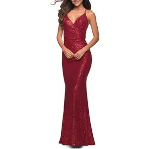 La Femme Wrap-style Sequin Gown - Red