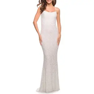 La Femme Sequin Embellished Gown - White