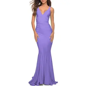 La Femme Jersey Gown With Ruching - Periwinkle