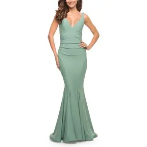 La Femme Jersey Gown With Ruching - Sage