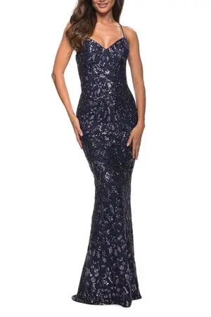 La Femme Sequin Gown With Lace-up Back - Indigo