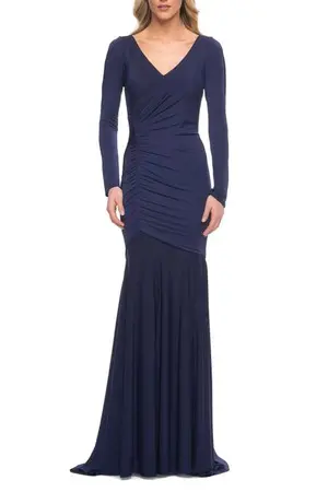 La Femme Ruched Jersey Gown With Long Sleeves