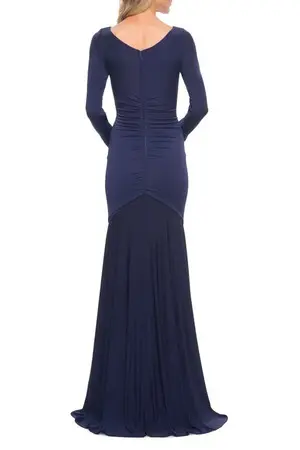 La Femme Ruched Jersey Gown With Long Sleeves