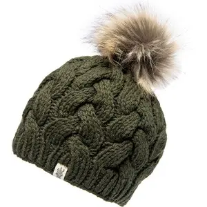 NIRVANNA DESIGNS Boheme Cable Beanie With Faux Fur Pom - Olive