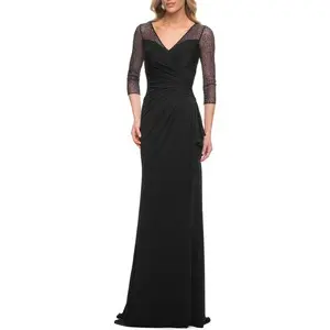 La Femme Jersey Long Gown With Beading And Ruffle Skirt - Black