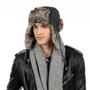 NIRVANNA DESIGNS Cable Knit Trapper Hat With Faux Fur - Black