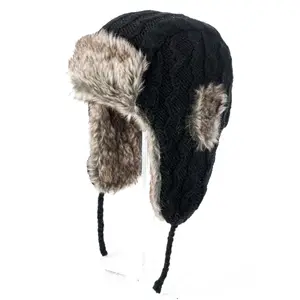 NIRVANNA DESIGNS Cable Knit Trapper Hat With Faux Fur - Black